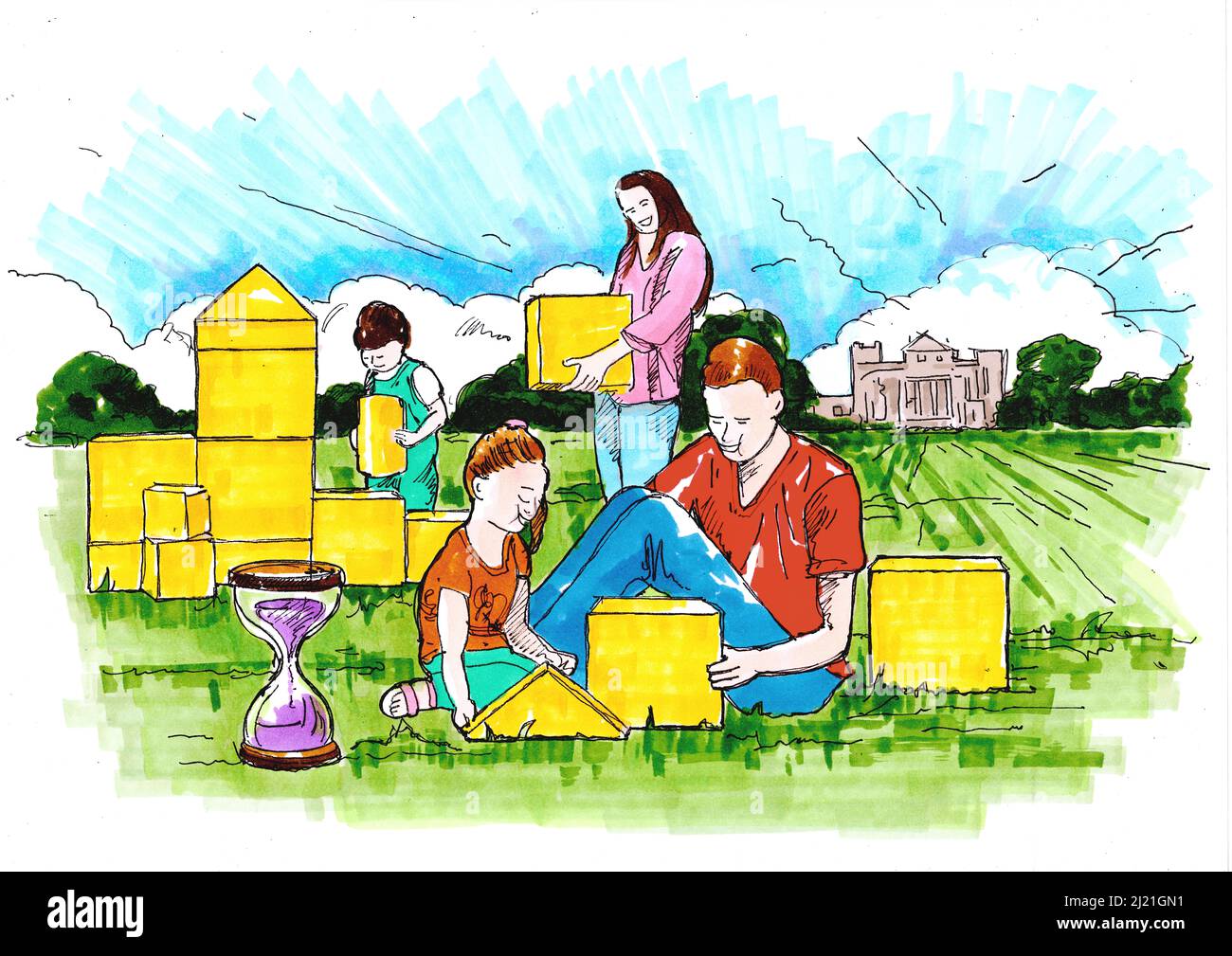 A family playing with building blocks in the grounds of a castle Stock ...