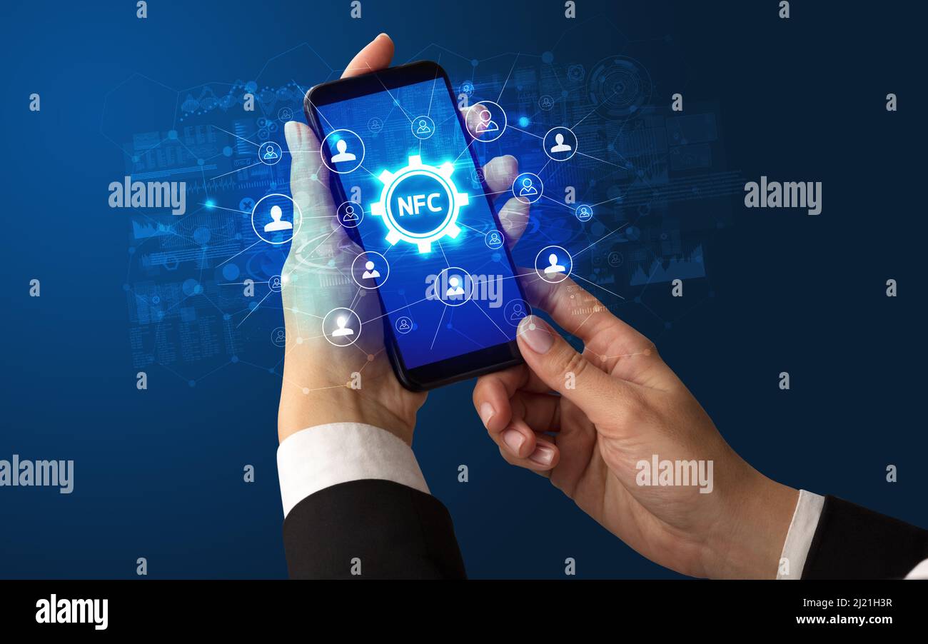 Hand using smartphone with technology concept Stock Photo - Alamy