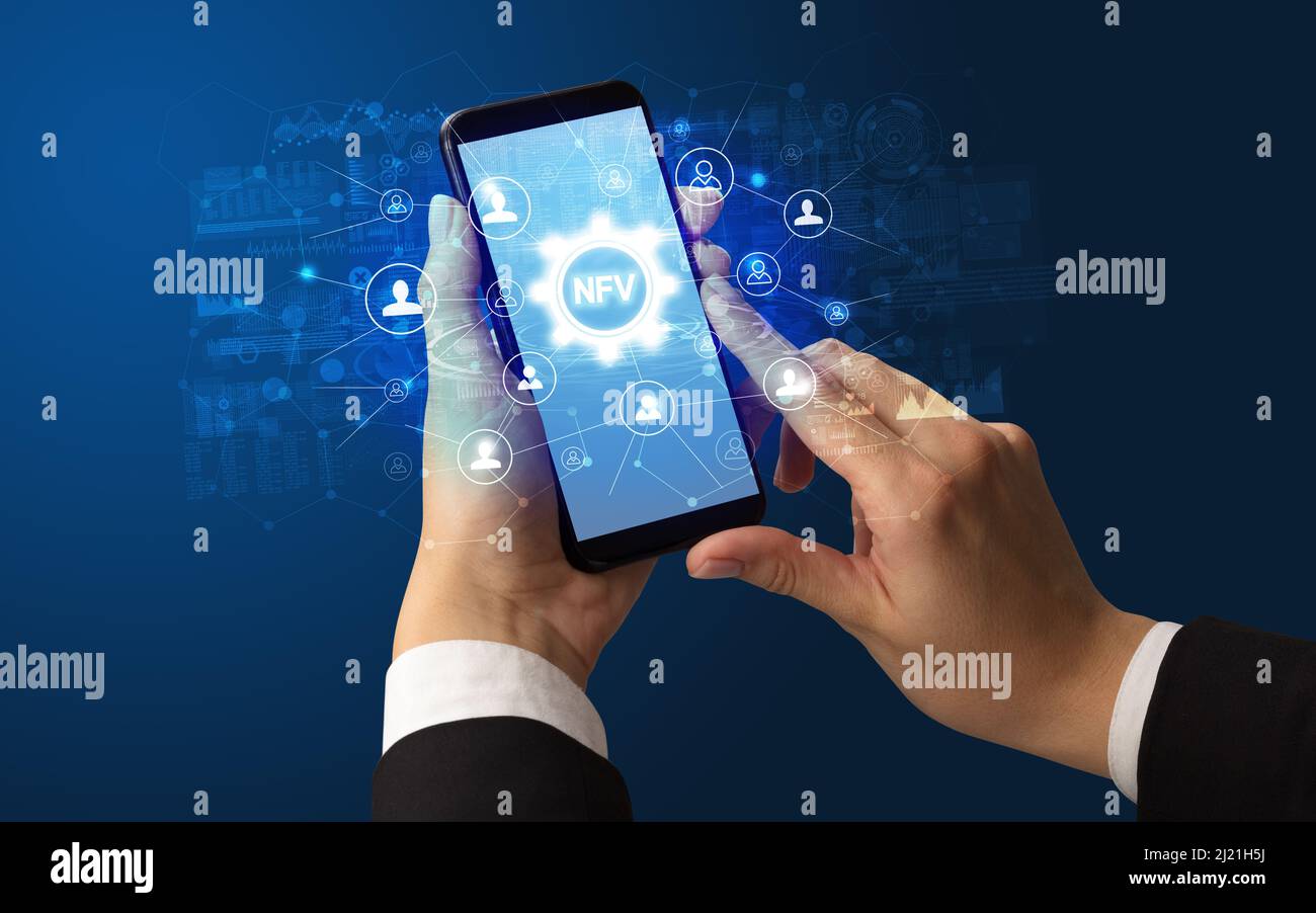 Hand using smartphone with technology concept Stock Photo - Alamy