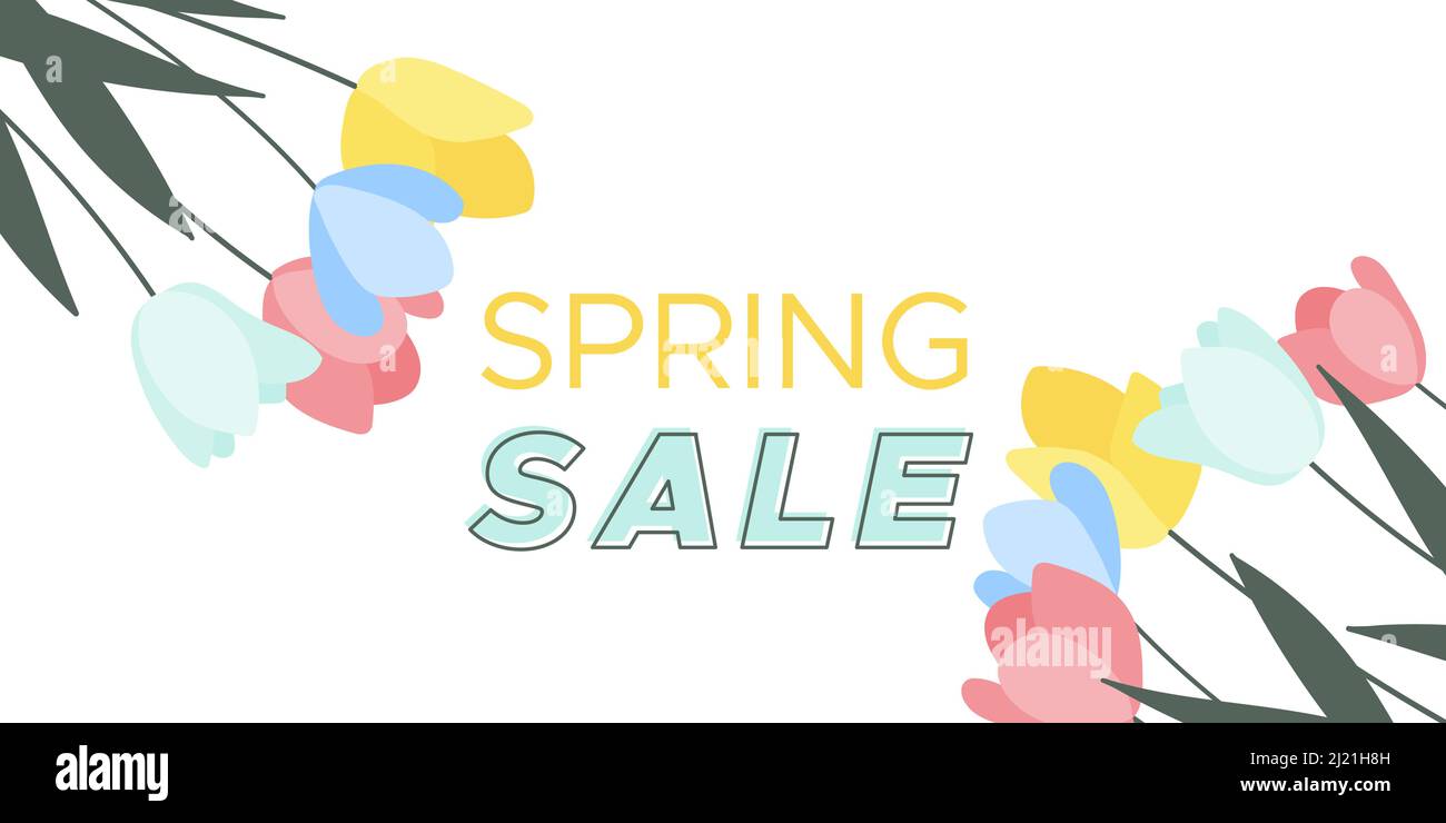 Spring sale. Text and tulips. Pastel colors. Hand drawn style. Floral ...