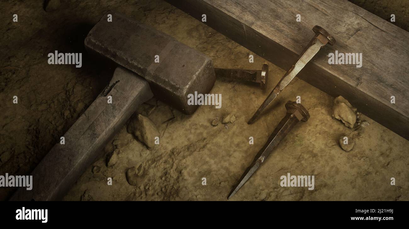 Crucifixion Of Jesus Christ. Cross With three Nails Stock Photo - Alamy