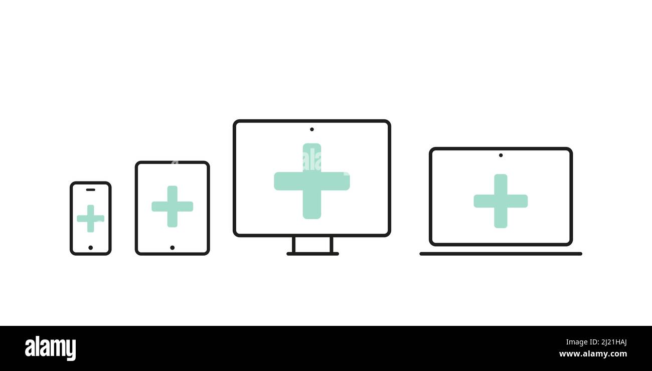 Health device icon set: smartphone, tablet, laptop and desktop computer ...