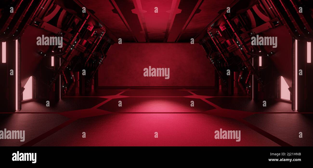 Interior of red futuristic engine room of the elevator is illuminated ...