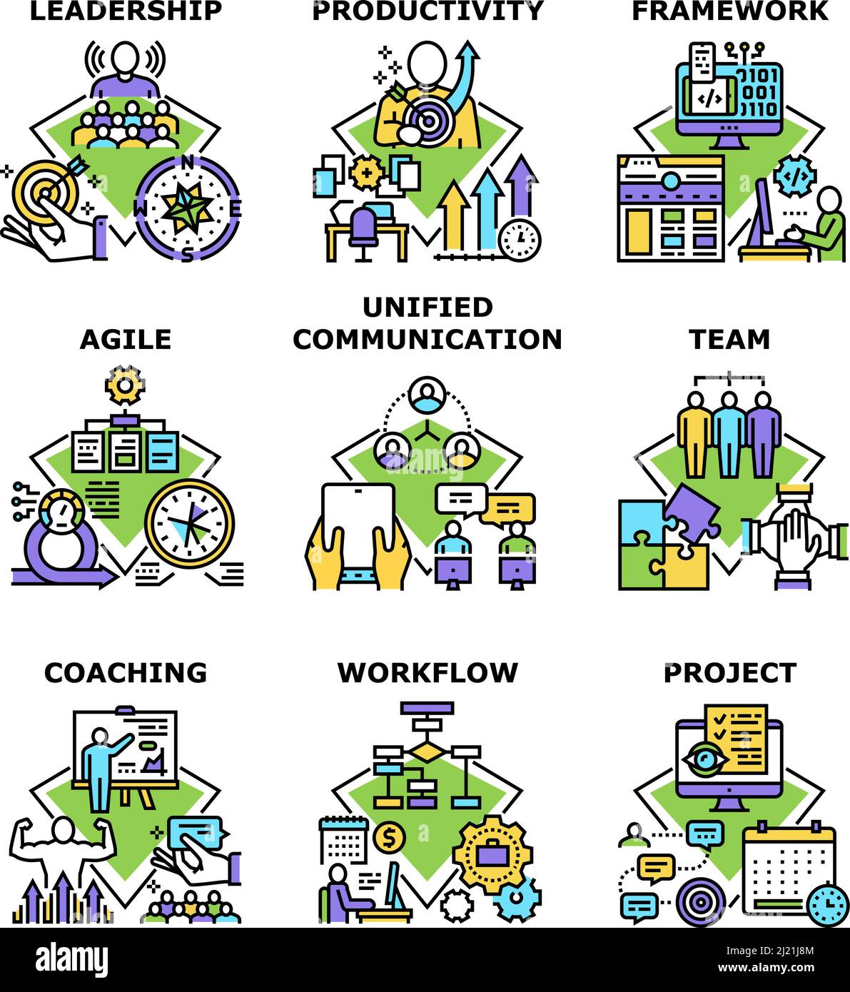 Project Leadership Set Icons Vector Illustrations Stock Vector Image ...