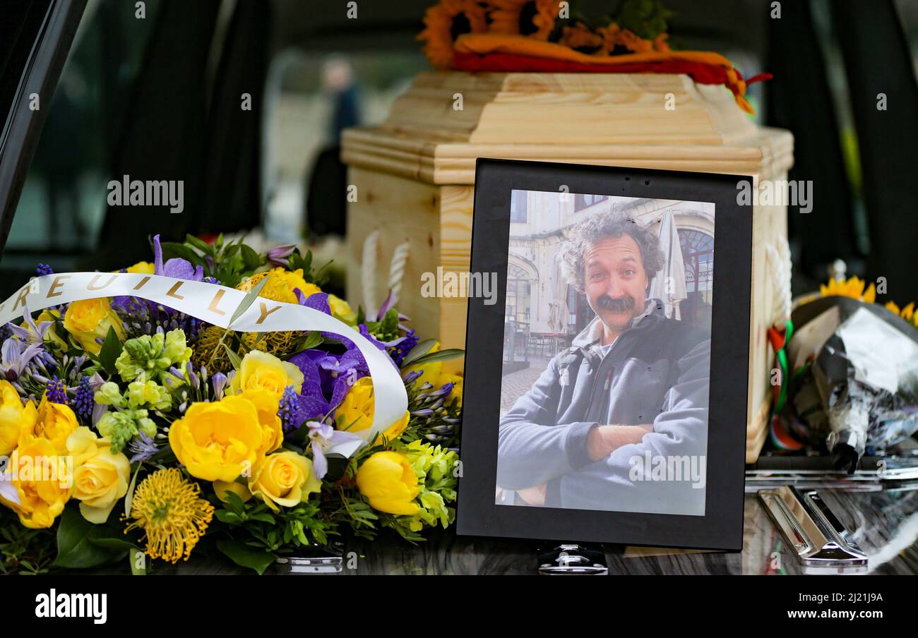The hearse waits outside following the funeral of pierre zakrzewski ...