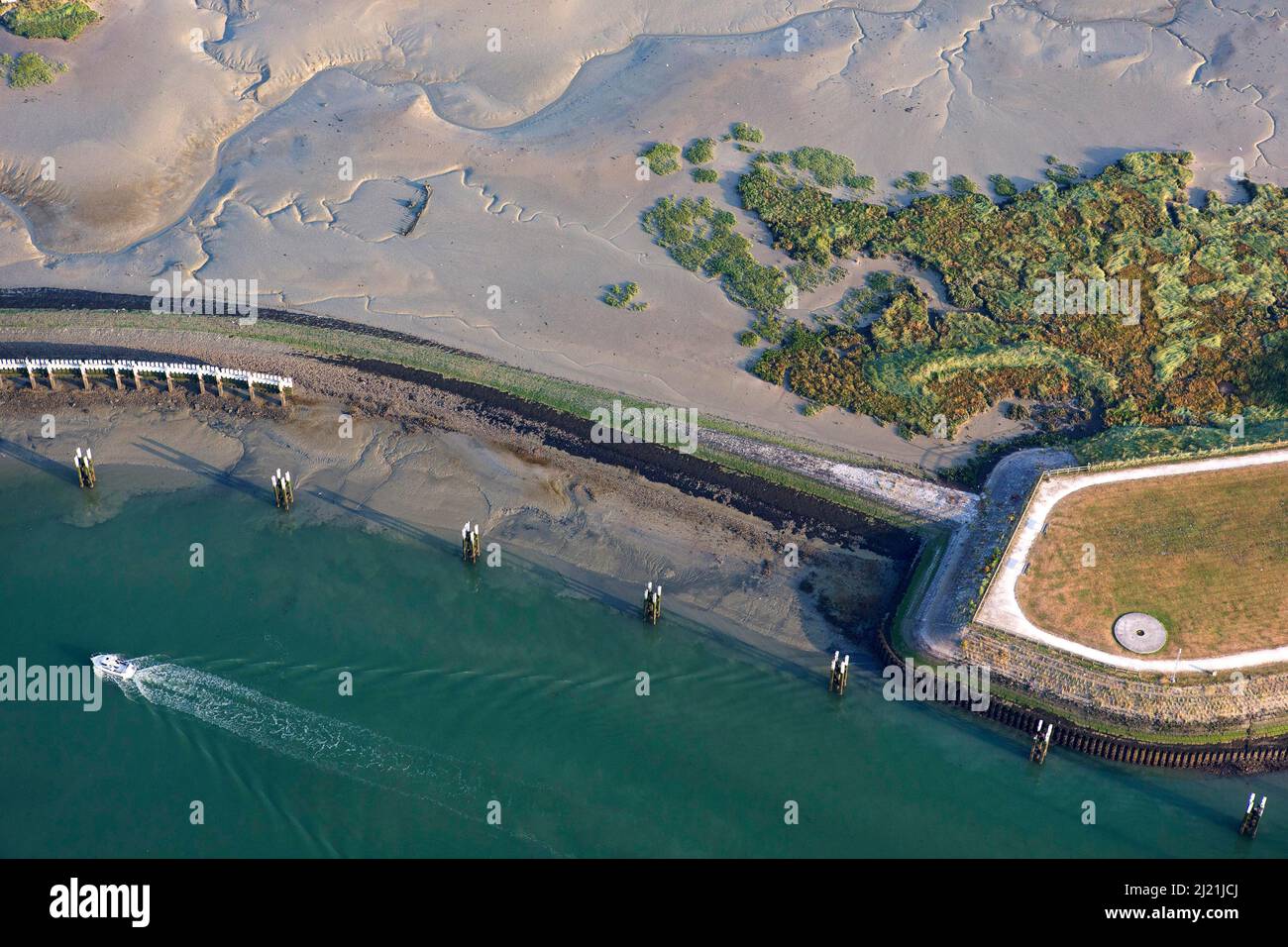 Natuurreservaat IJzermonding and boot on river IJzer, Belgium, Flanders ...
