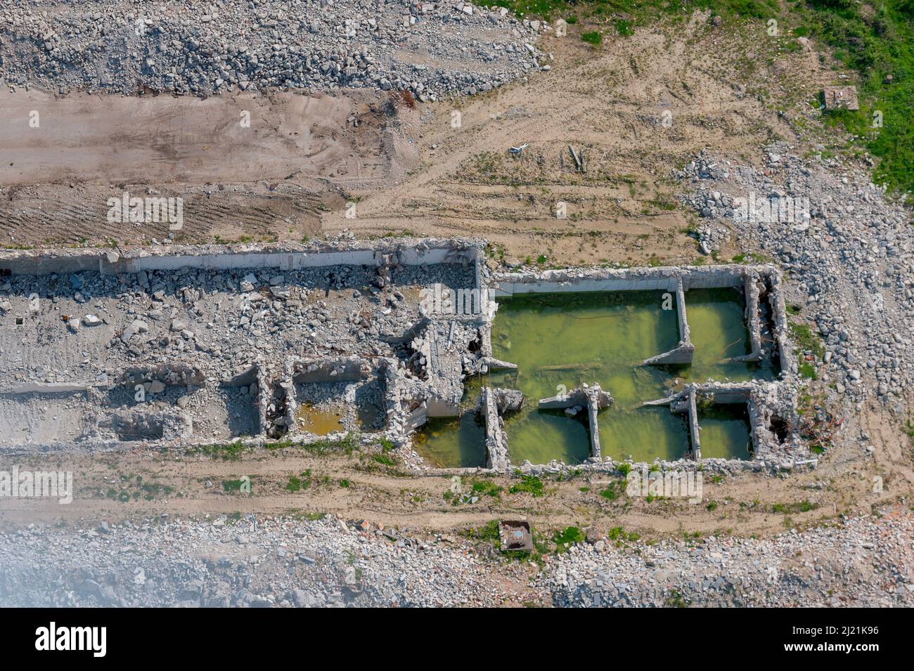 building demolished down to the foundation walls, aerial view, Germany ...