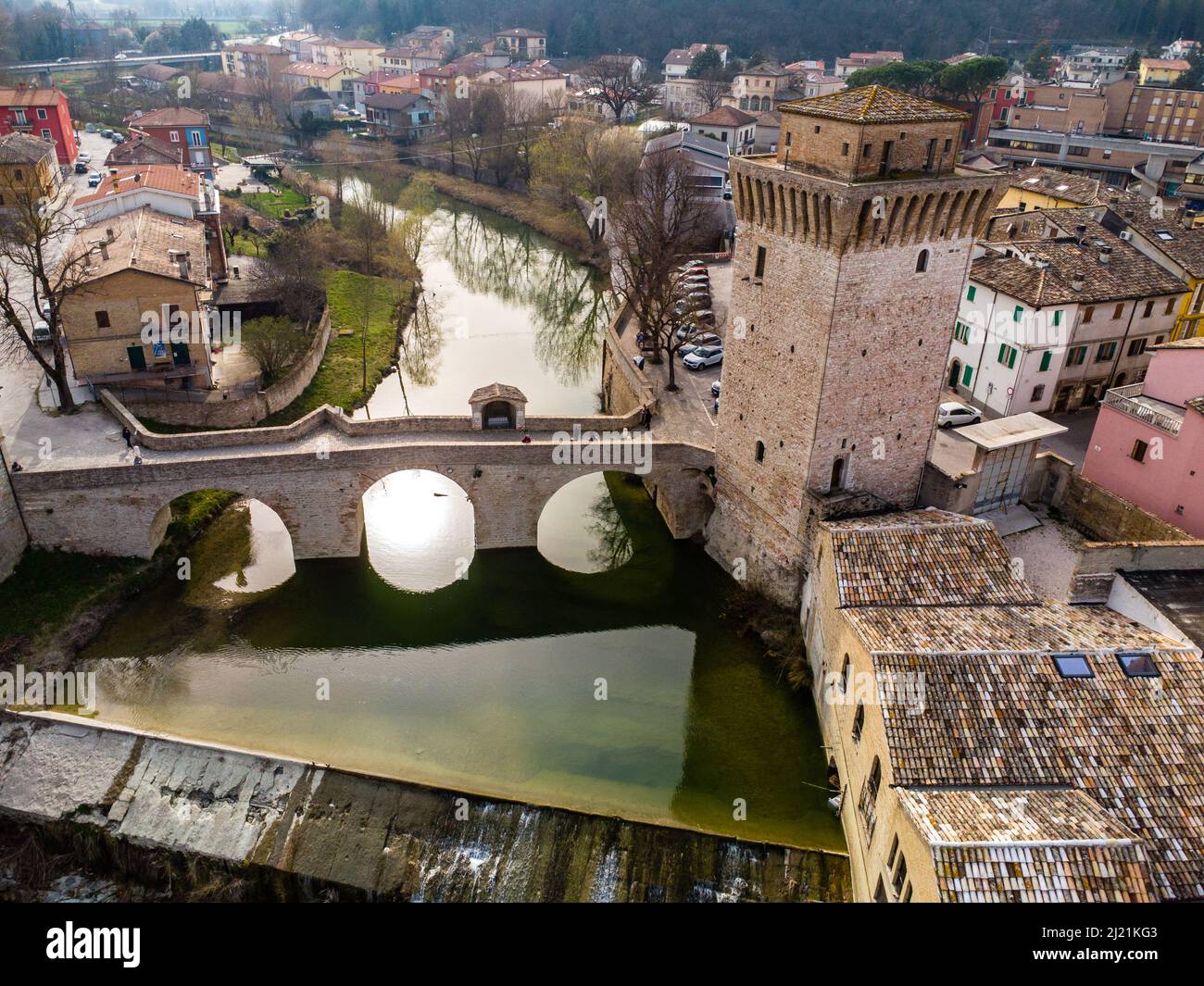 Fermignano tower and waterfall in Italy Stock Photo - Alamy