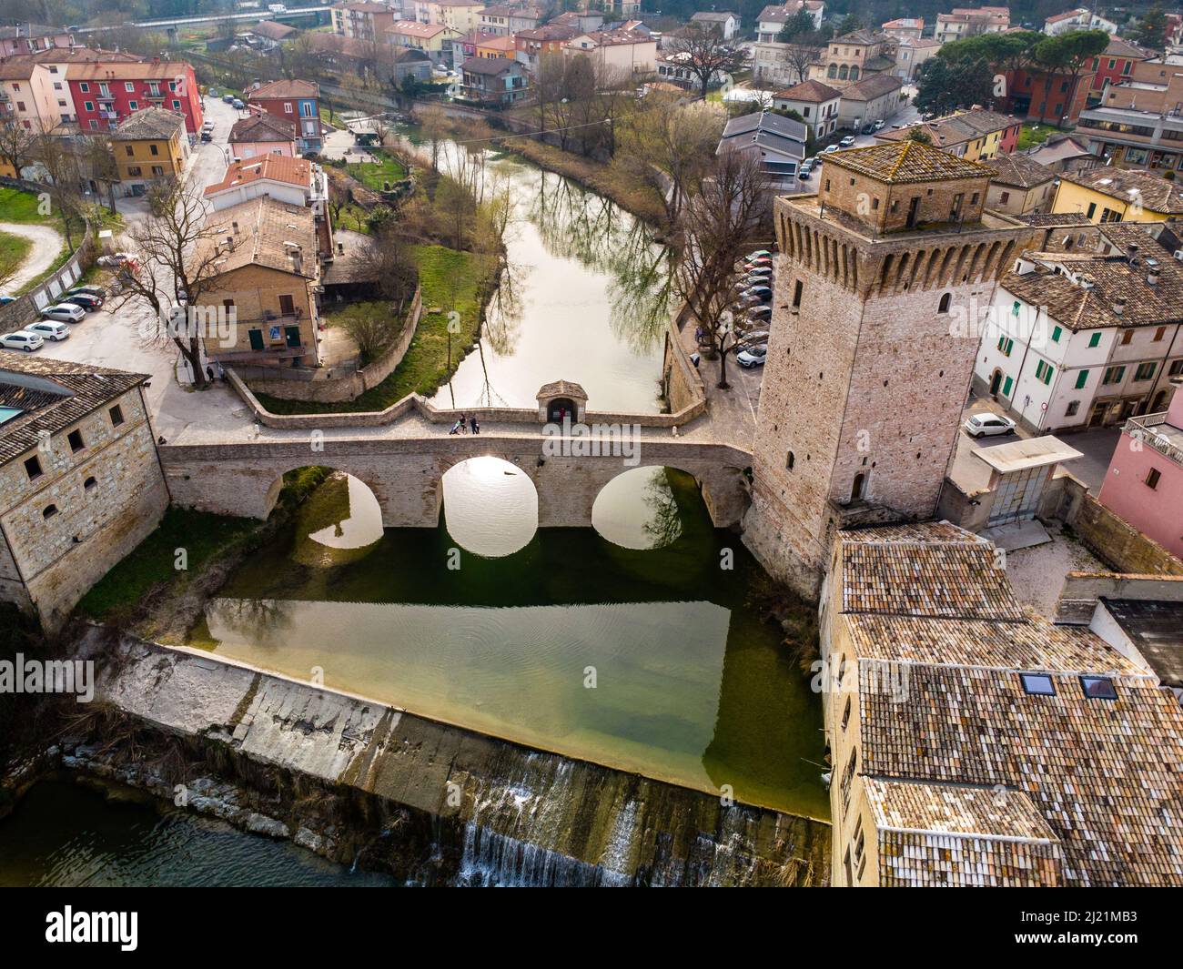 Fermignano tower and waterfall in Italy Stock Photo - Alamy