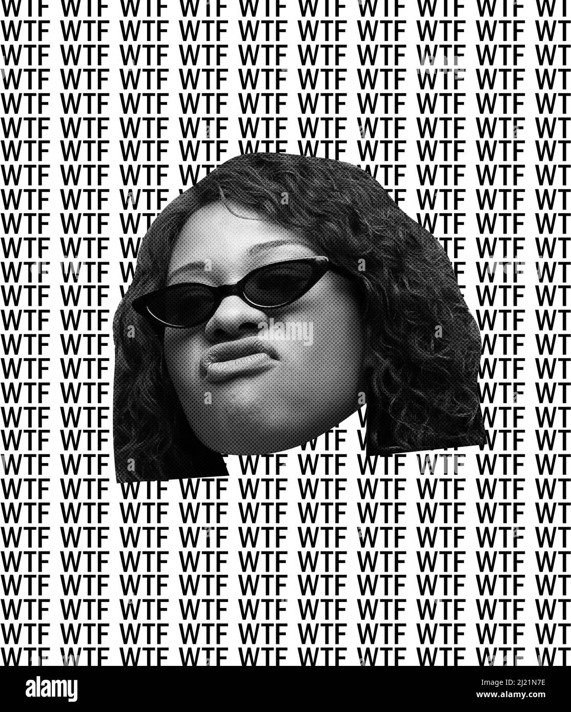 Creative design. Emotive woman making funny face isolated over black ...