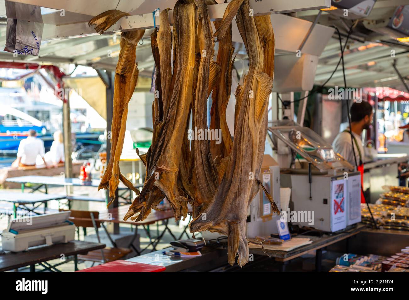 Bergen, Norway - 27 May 2018: Dried cod, stockfish, at the town center ...