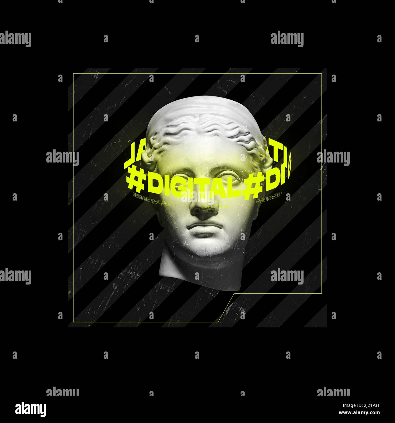 Contemporary art collage with antique statue head and neon lettering ...