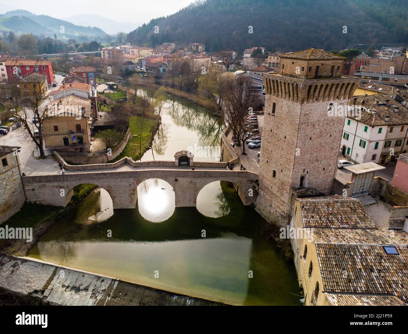 Fermignano tower and waterfall in Italy Stock Photo - Alamy