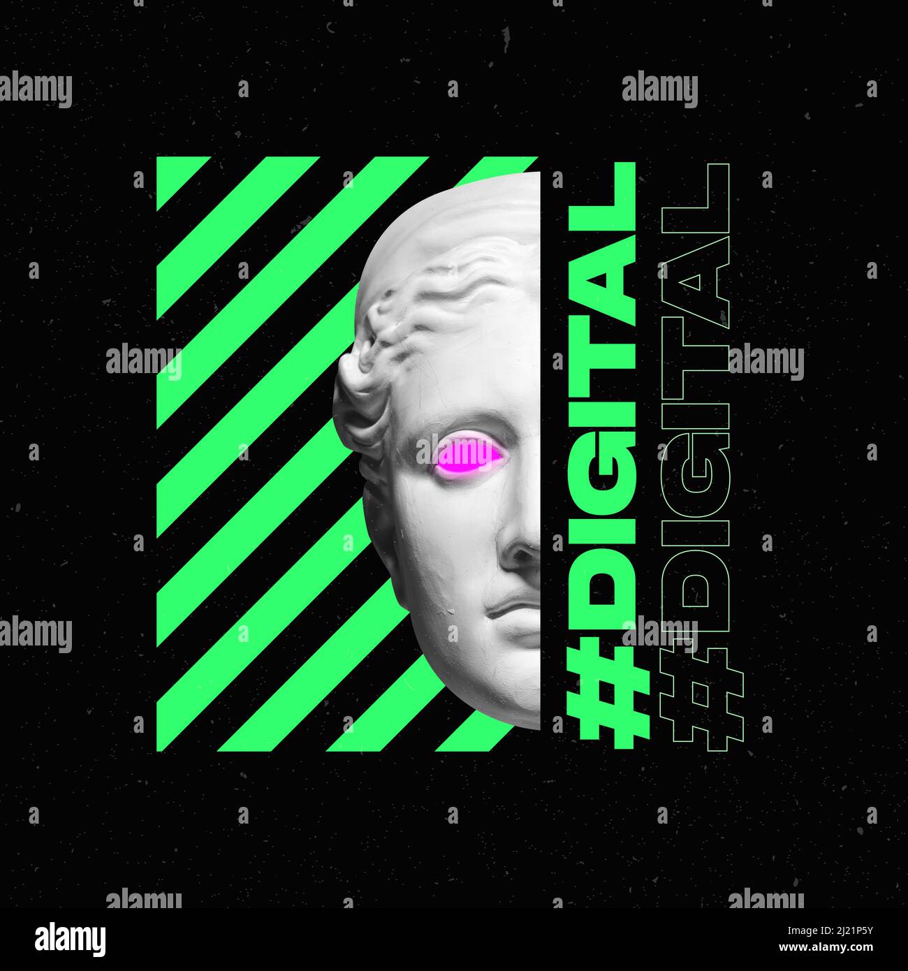 Contemporary art collage. Antique statue head with neon design and ...