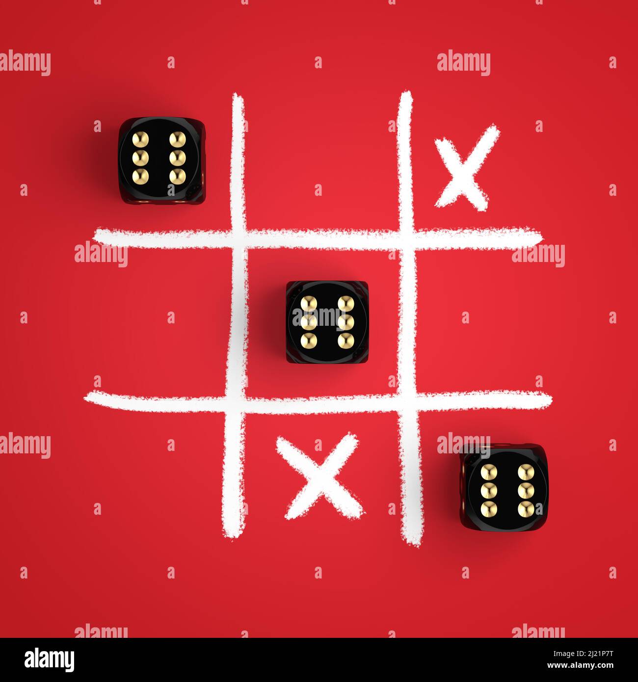 Gold Game Dice Cubes in Tic Tac Toe Game on a red background. 3d ...