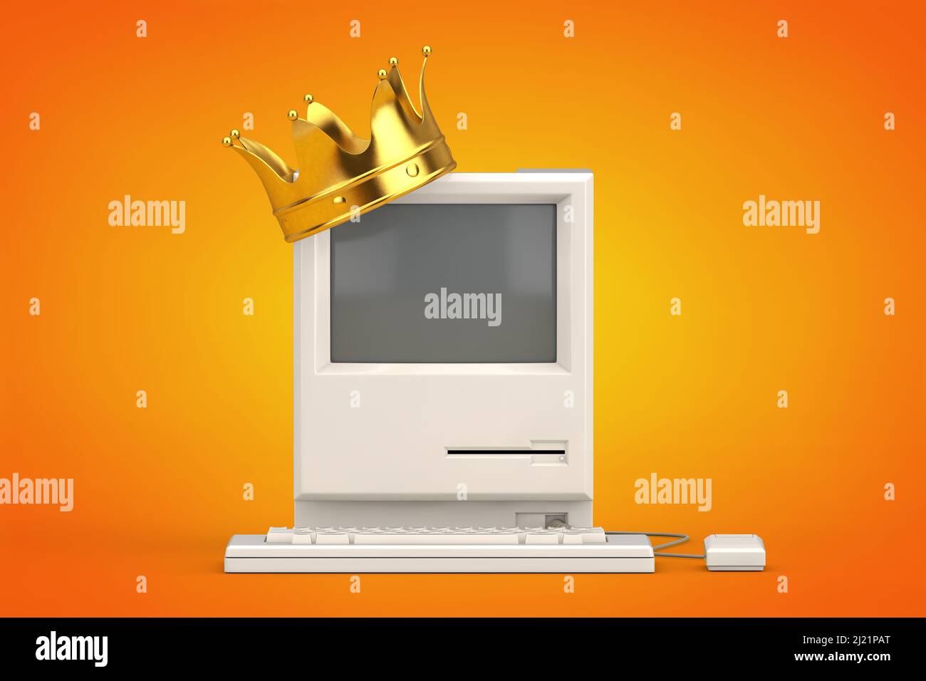 Retro Personal Computer with Golden Crown on an orange background. 3d ...