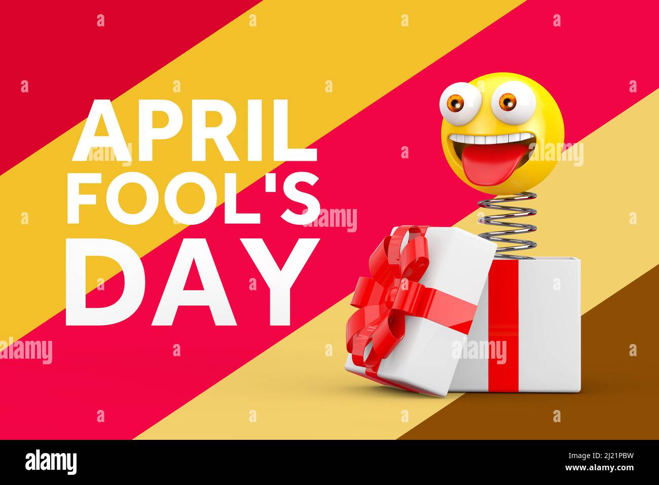 April Fool's Day Concept. Happy Emoji with Big Eyes Spring Out Gift Box ...