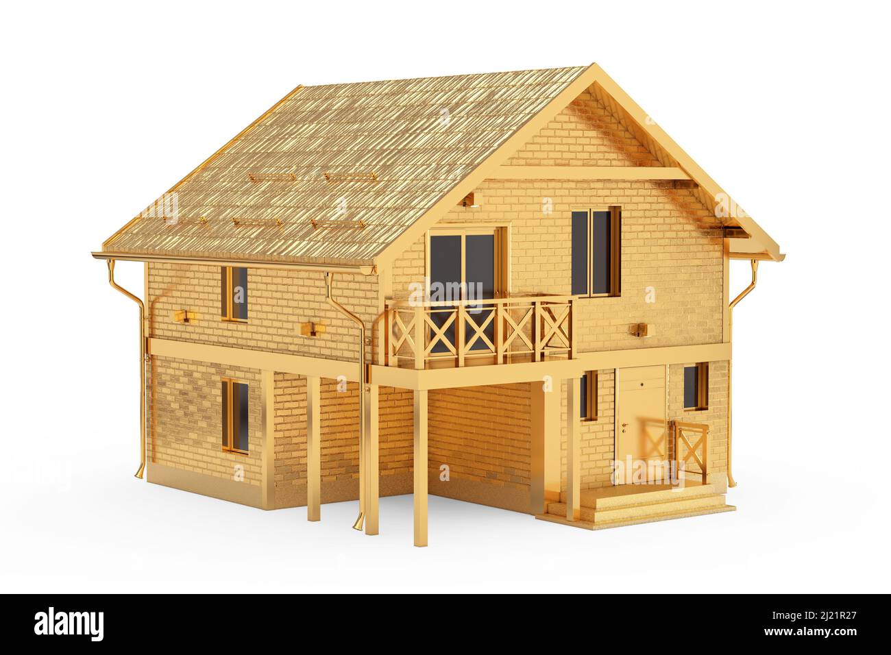 Modern Golden Brick Family House Cottage on a white background. 3d ...