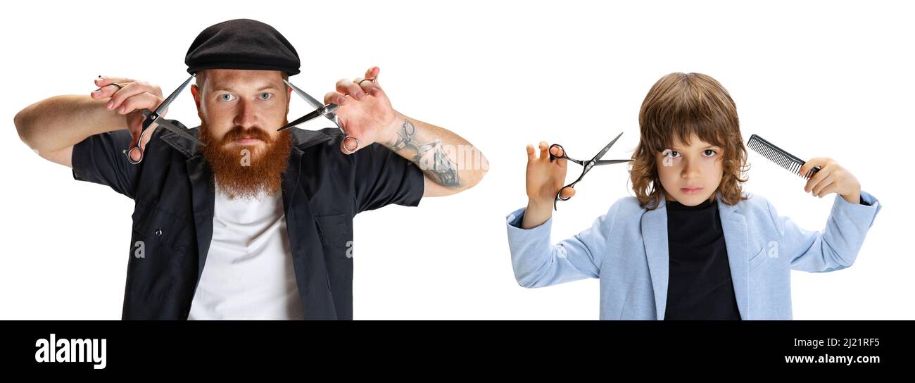 Collage. Portraits of stylish bearded man and little boy, child in ...