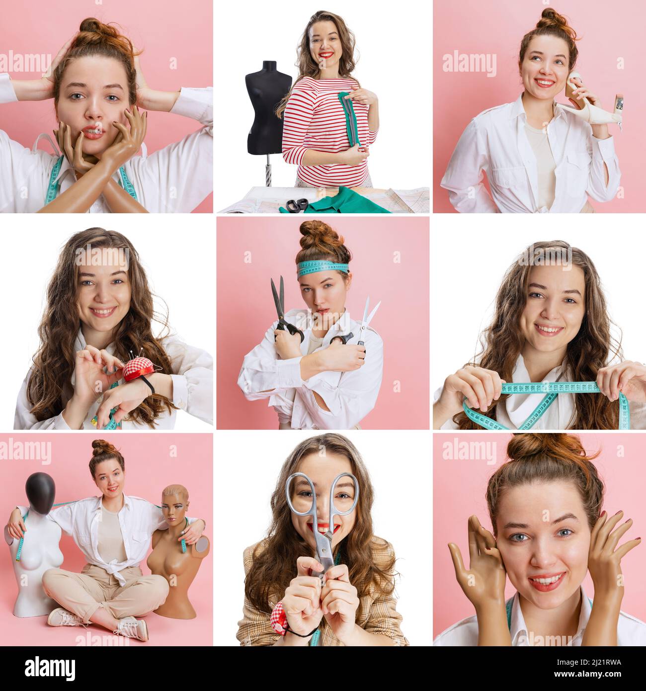 Collage. Cheerful beautiful young girl, seamstress, dressmaker working ...