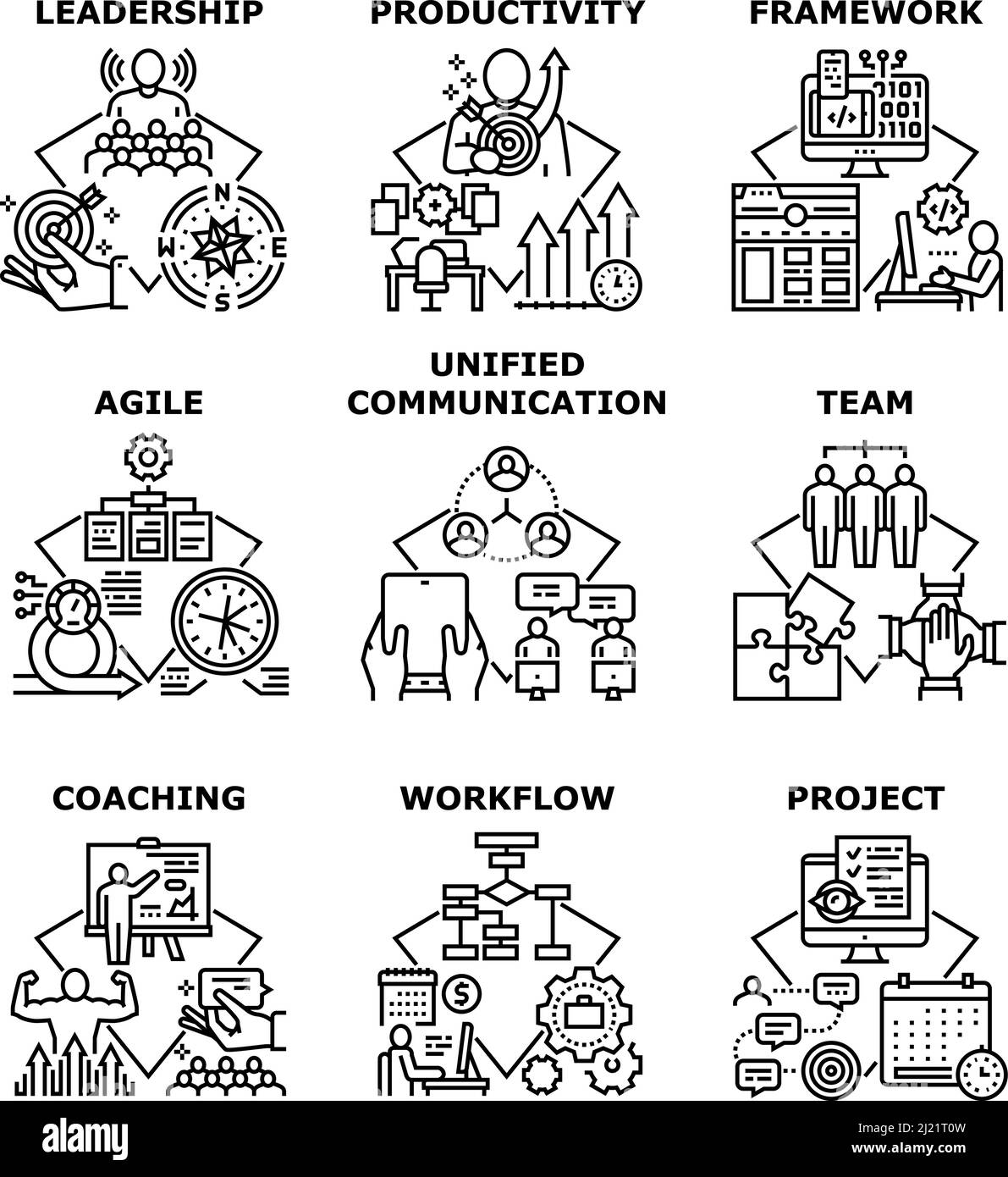 Project Leadership Set Icons Vector Illustrations Stock Vector Image ...