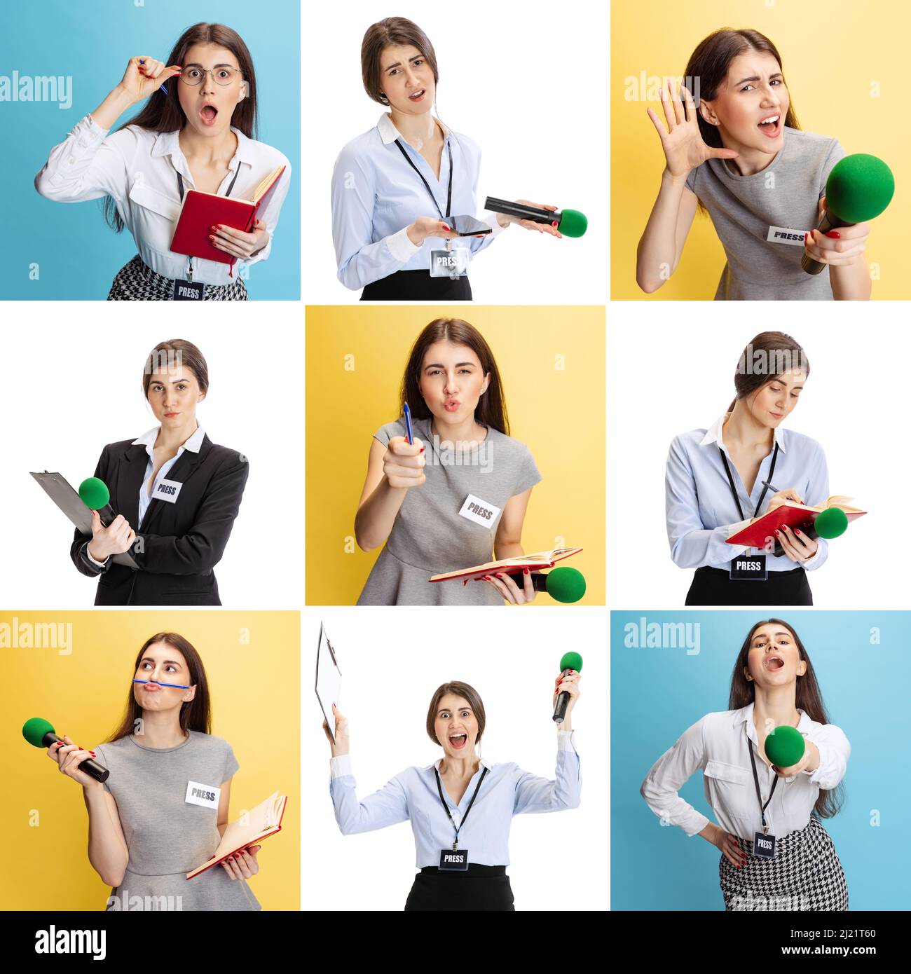 Collage. Portraits of young emotive woman in image of journalist posing ...