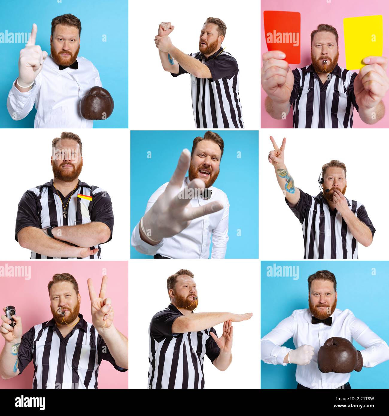 Collage. One young bearded man, soccer or football referee emotionally ...