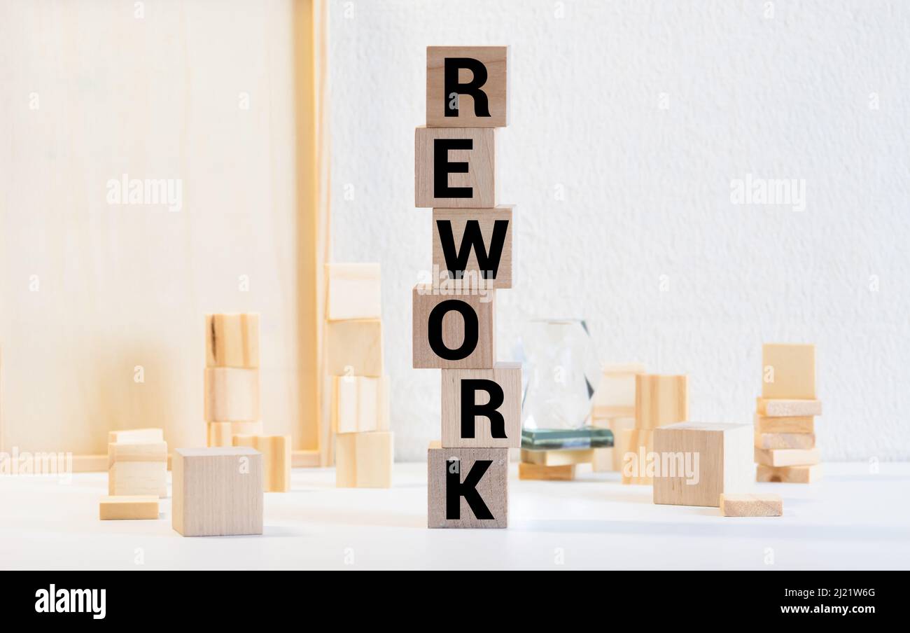 Alphabet letter block in word rework on wood background Stock Photo - Alamy