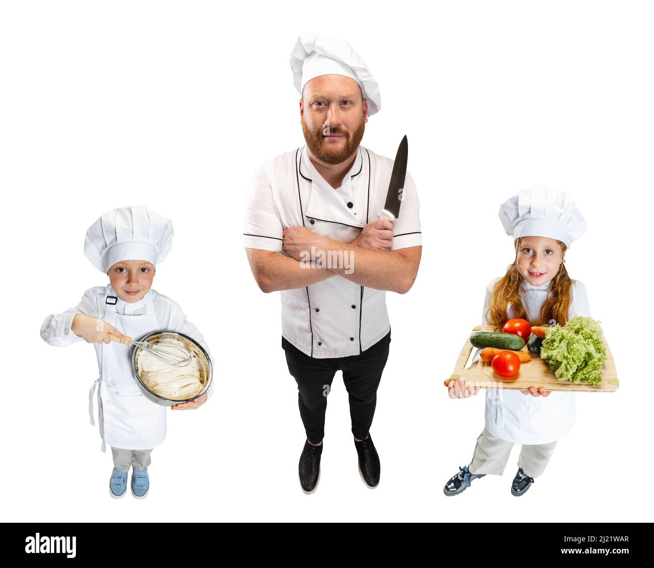 Collage. Man, chef and two children in image of cooks posing in white ...