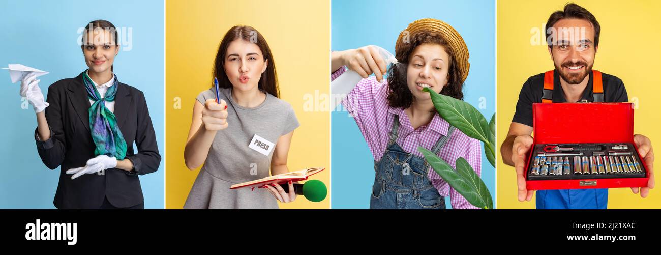 Collage. Portraits of young people in image of stewardess, journalist ...