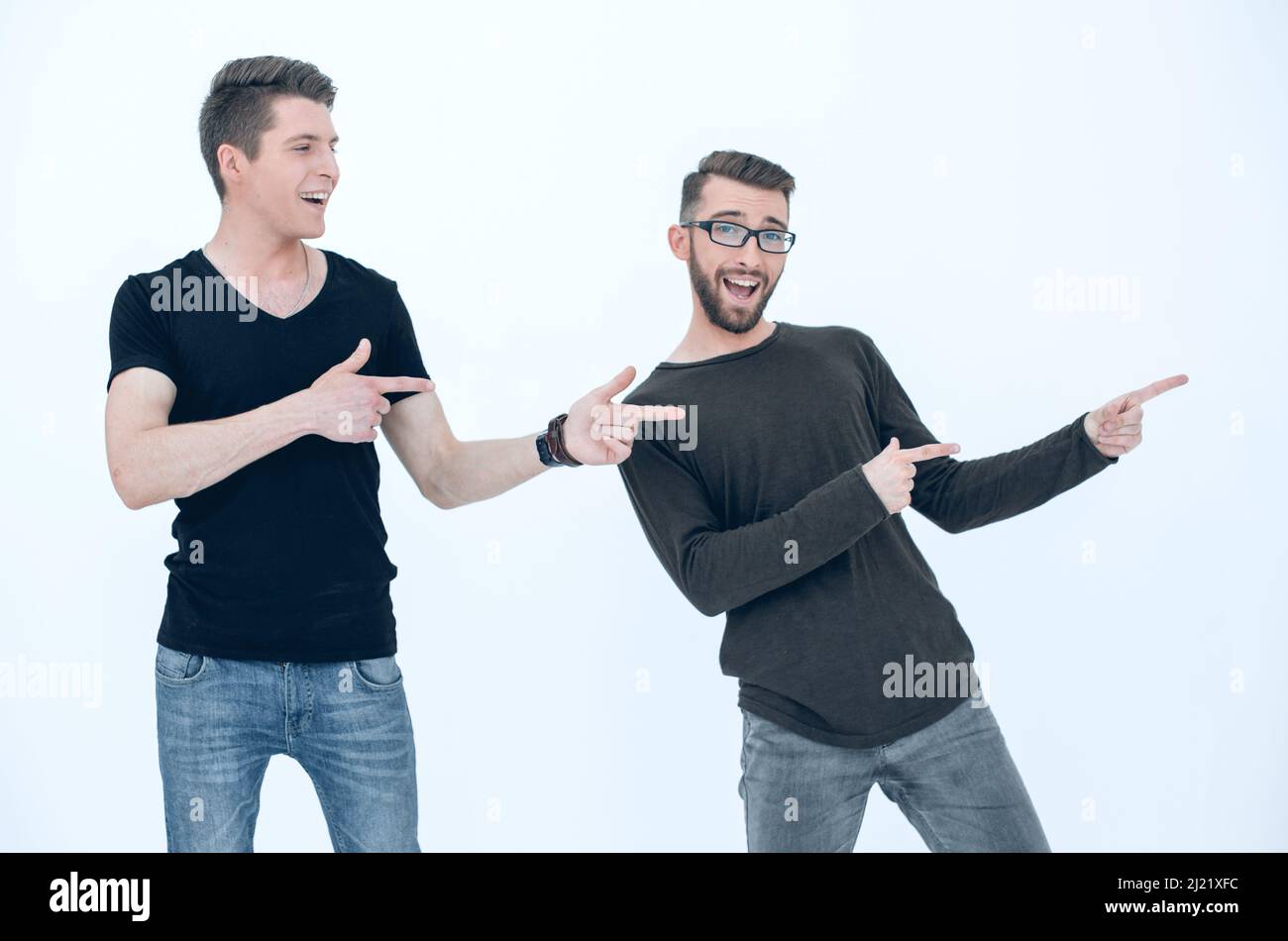 men showing on empty space with finger isolated Stock Photo - Alamy