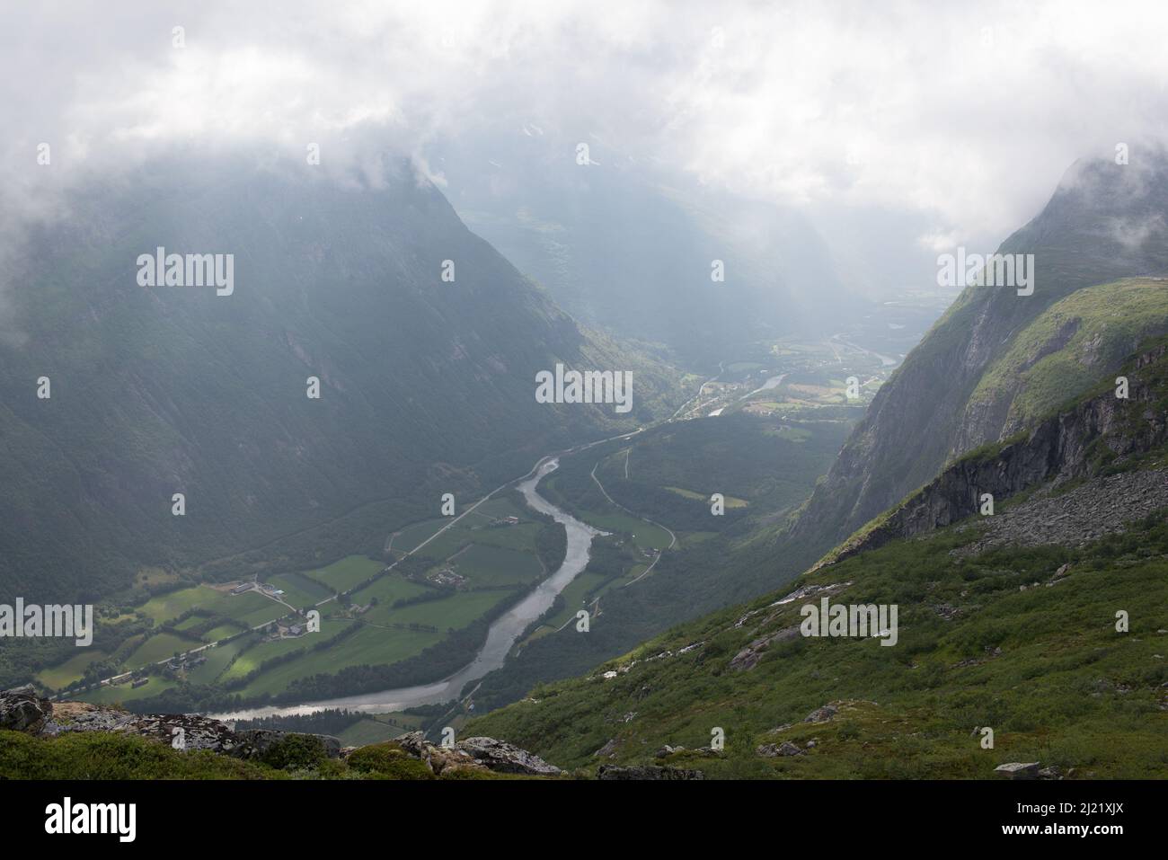 View from the trail in Sunndalen, Norway with valley cloud covered ...