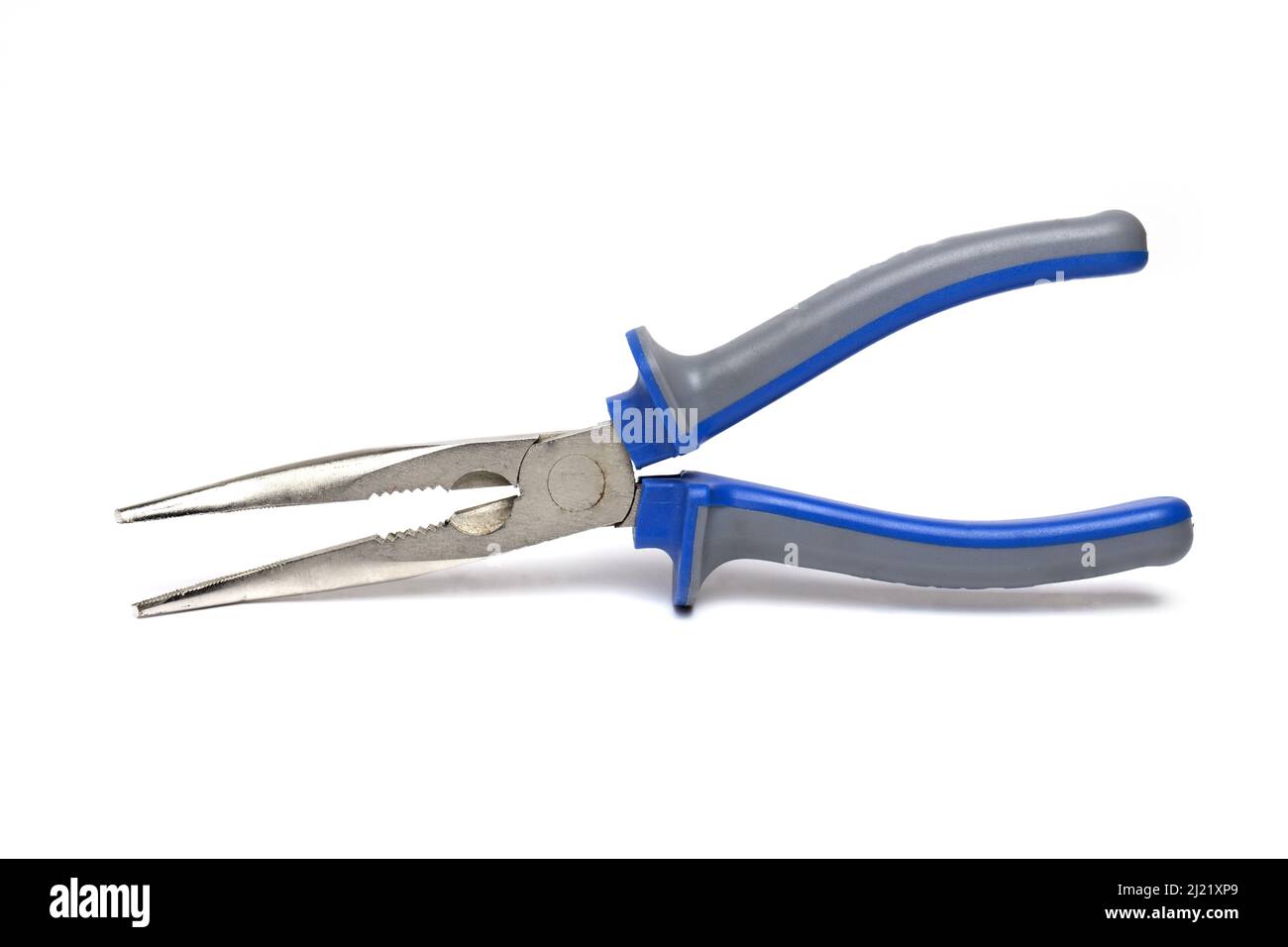 Close up of used slightly opened front bent pliers with gray blue ...
