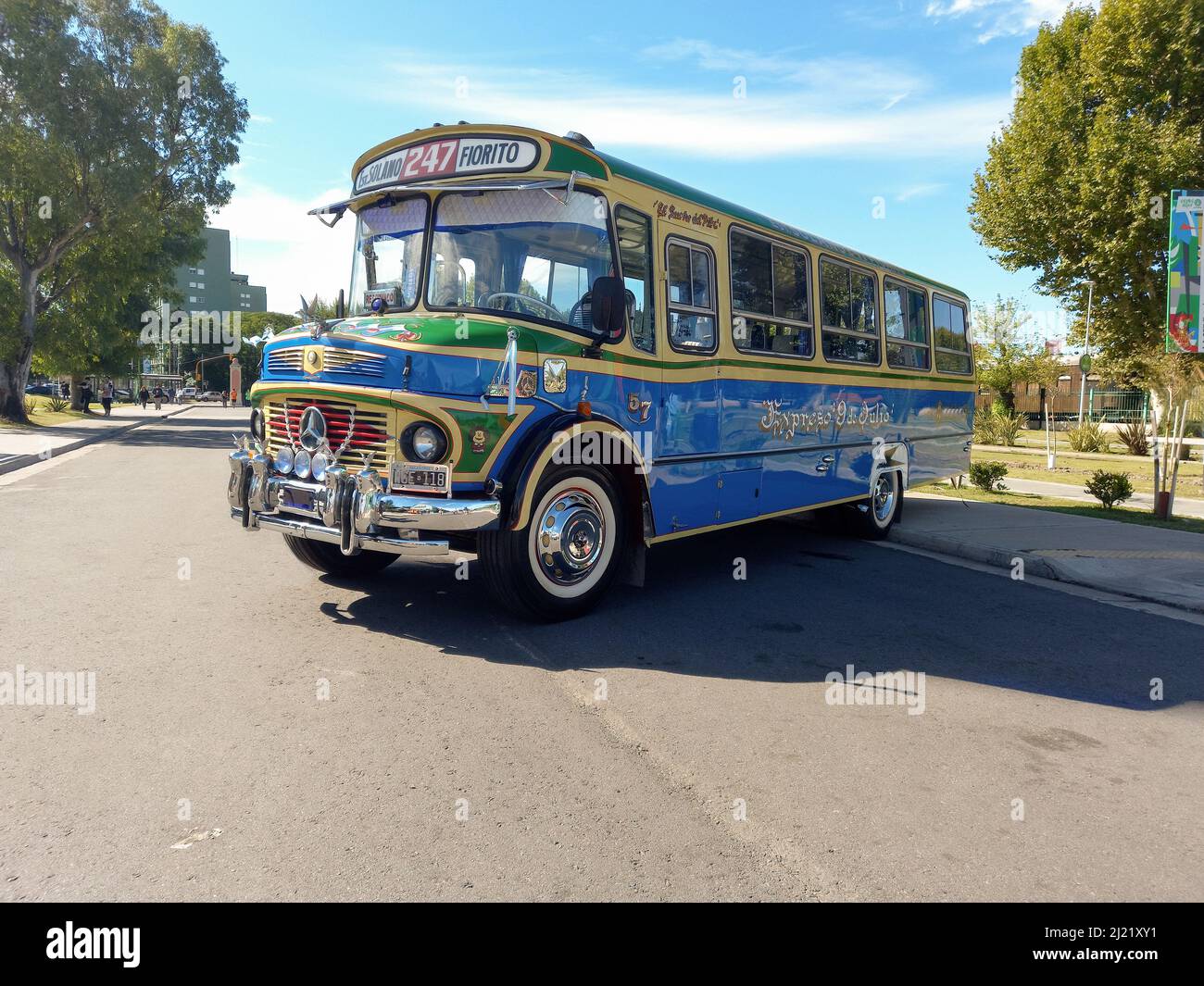 old blue Mercedes Benz 1114 bus parked in the street. Public passenger ...