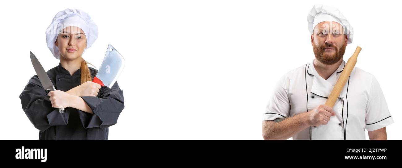 Collage. Man and woman, restaurant chef in white uniform posing with ...