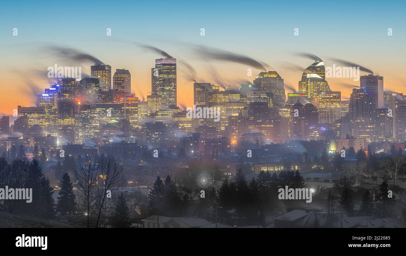 The city of Calgary in Canada on a cold morning at sunrise Stock Photo ...