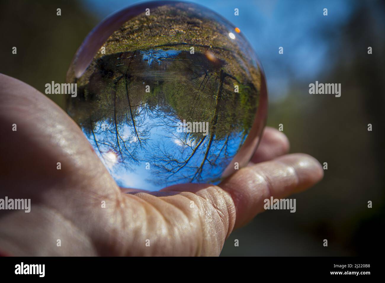 Glass Ball Photography: hand holding glass ball with inverted nature ...