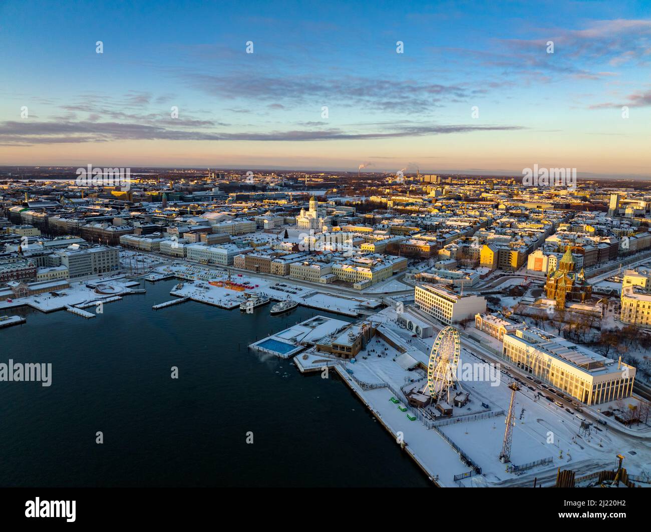 Aerial drone view of the Helsinki cathedral and the market square ...
