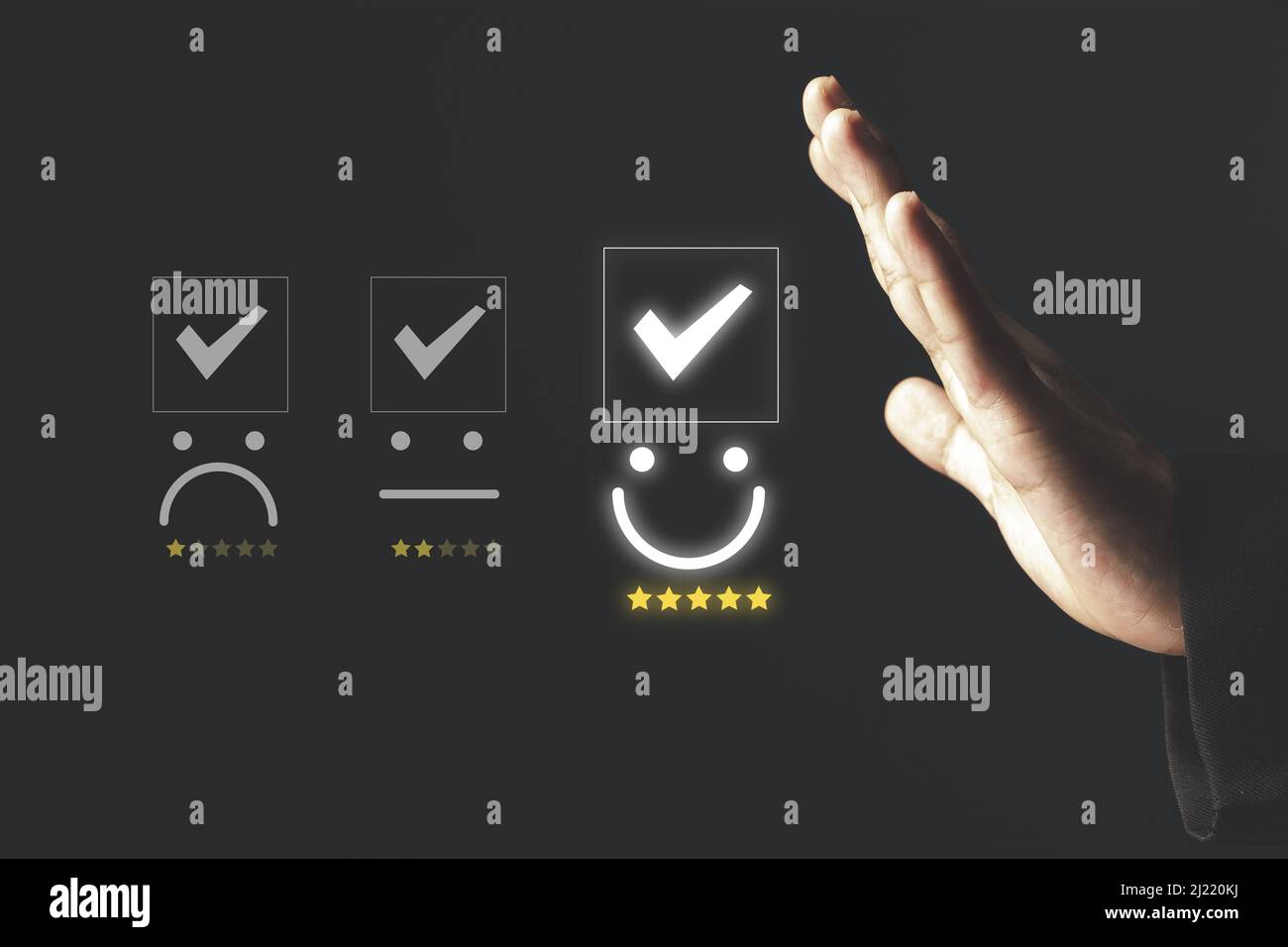 A Businessman with smiley face emoticon on virtual touch screen ...