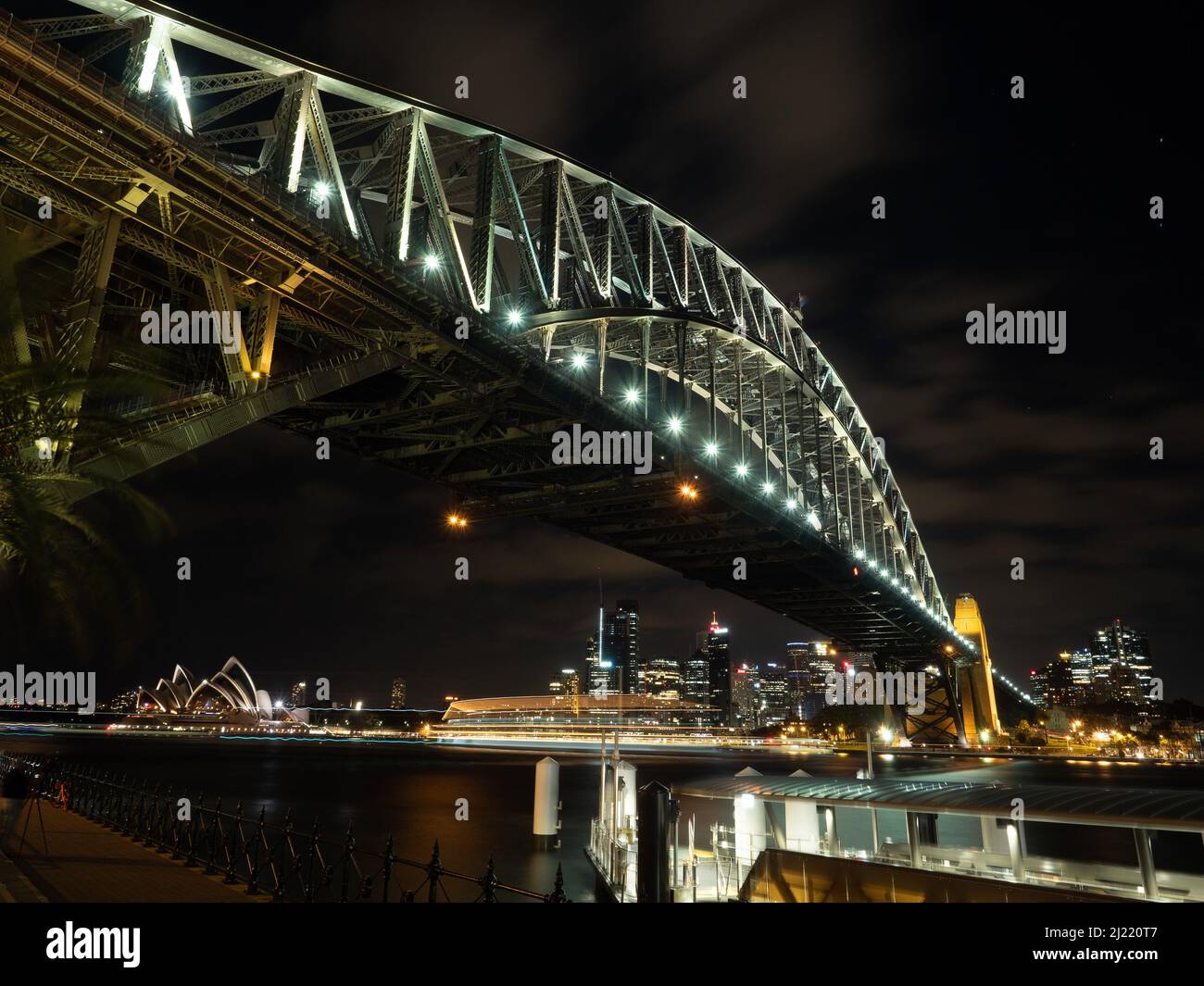 The beautiful Harbor Bridge at nighttime with the city in the ...