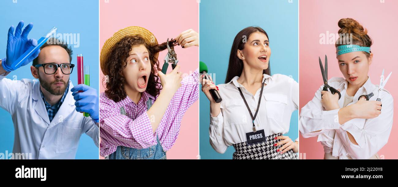 Collage. Portraits of young people in image of chemist, gardener ...