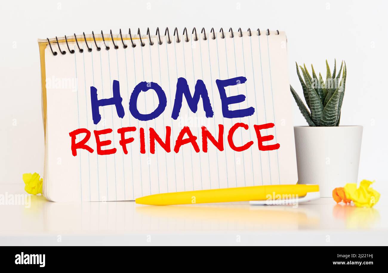 Notepad with text Home Refinance on white background with paper clips ...