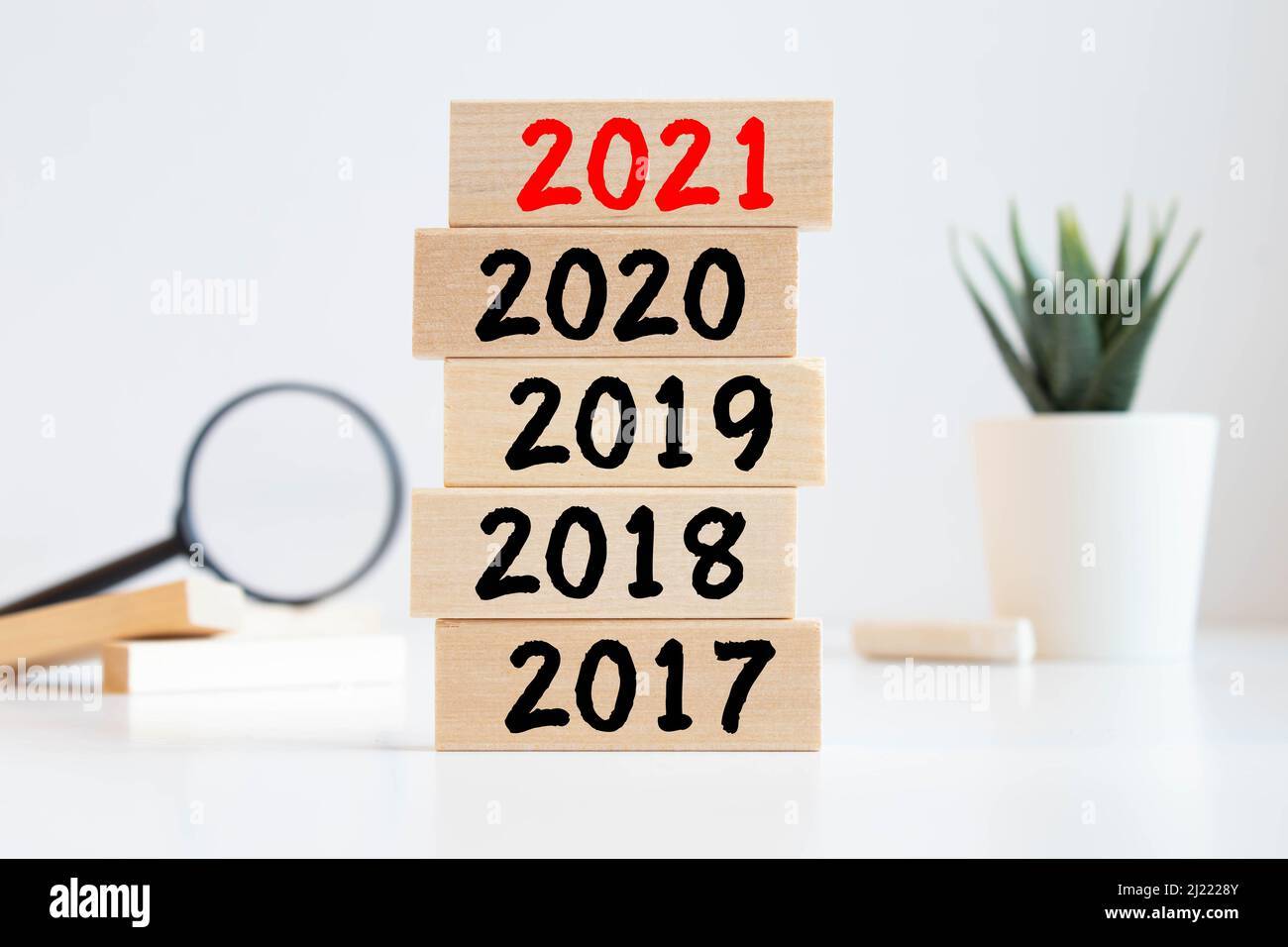 2017, 2018, 2019, 2020 and 2021 years numbers on wooden blocks. concept ...