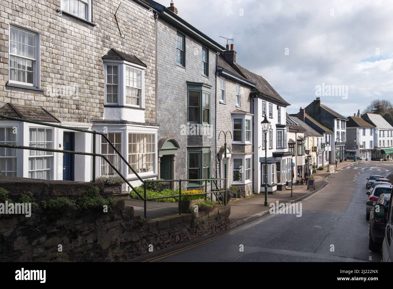 Looking down Church Street in the South Hams town of Modbury, Devon ...