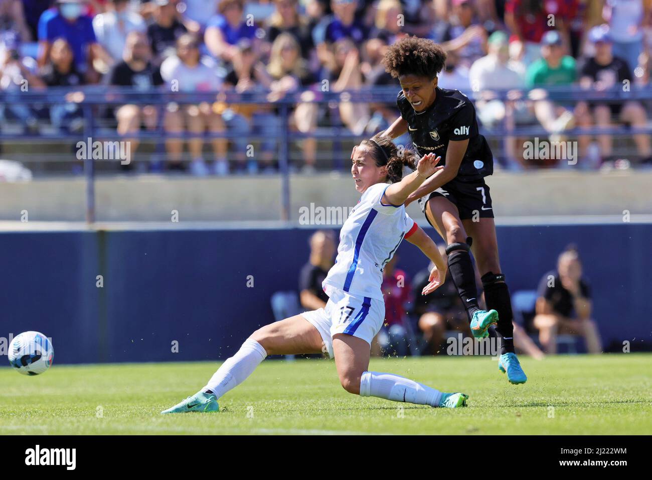 Angel City Attacker Simone Charley (7) battles OL Reign Defender Sam ...