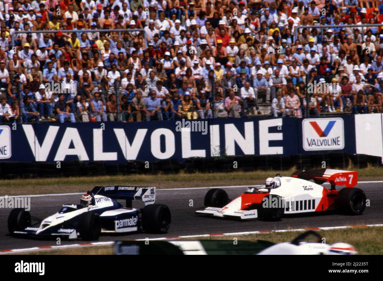 Nelson Piquet (BRA) Brabham BT53 Bmw lead Alain Prost (FRA) McLaren Mp4 ...
