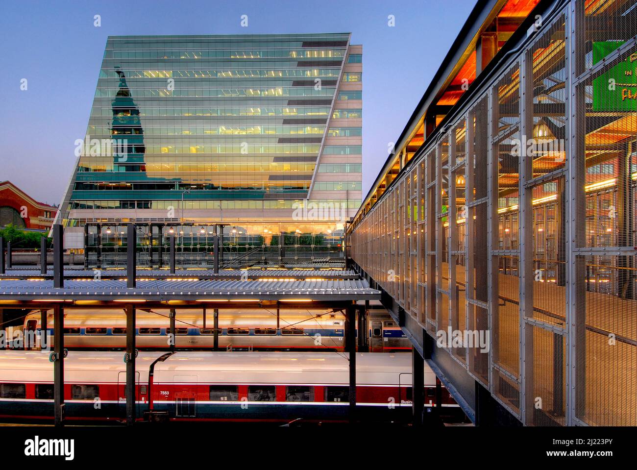 King Street railway station at dusk, downtown architecture in Seattle ...