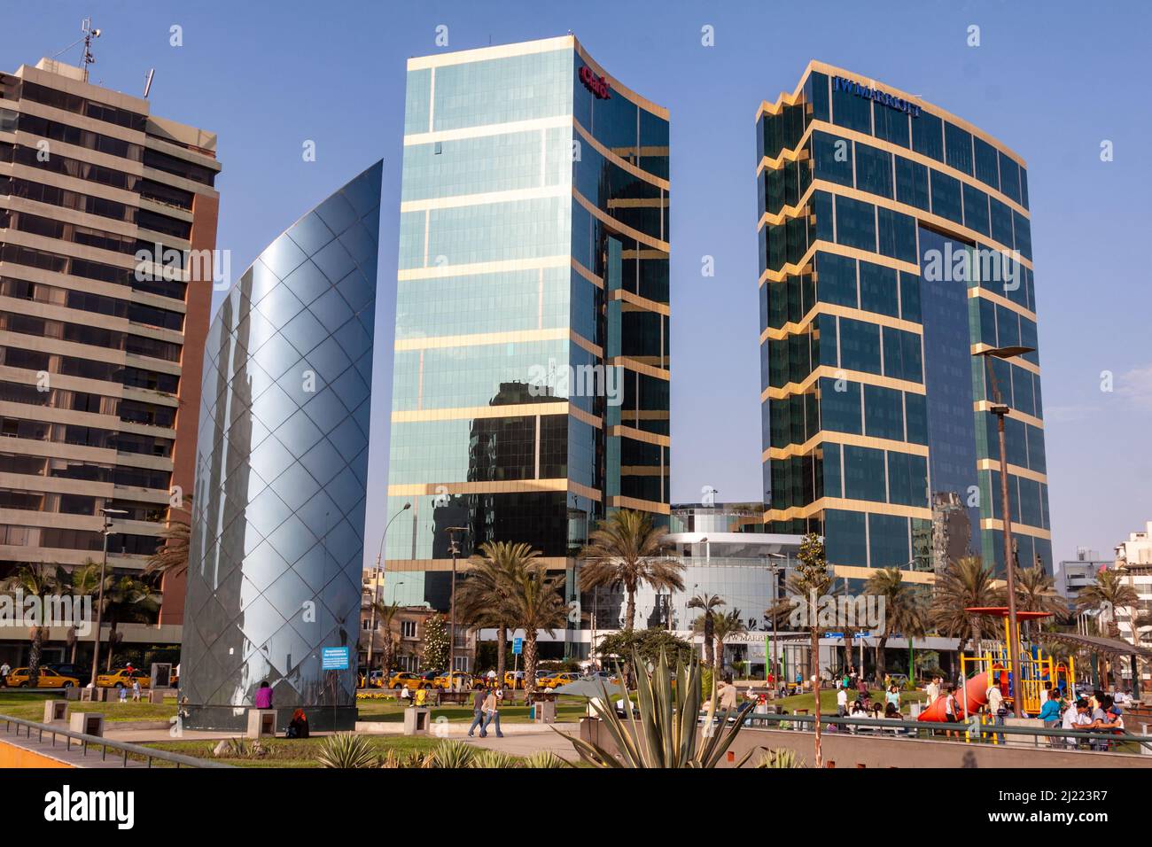 The modern buildings around Larcomar mall in Miraflores, Lima, Peru ...
