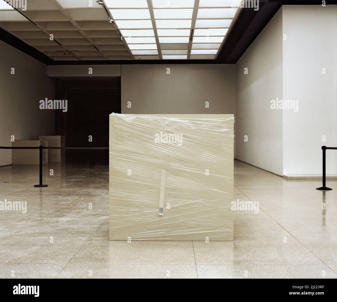 Art gallery space, ceiling light panels, marble floor tiles and ...