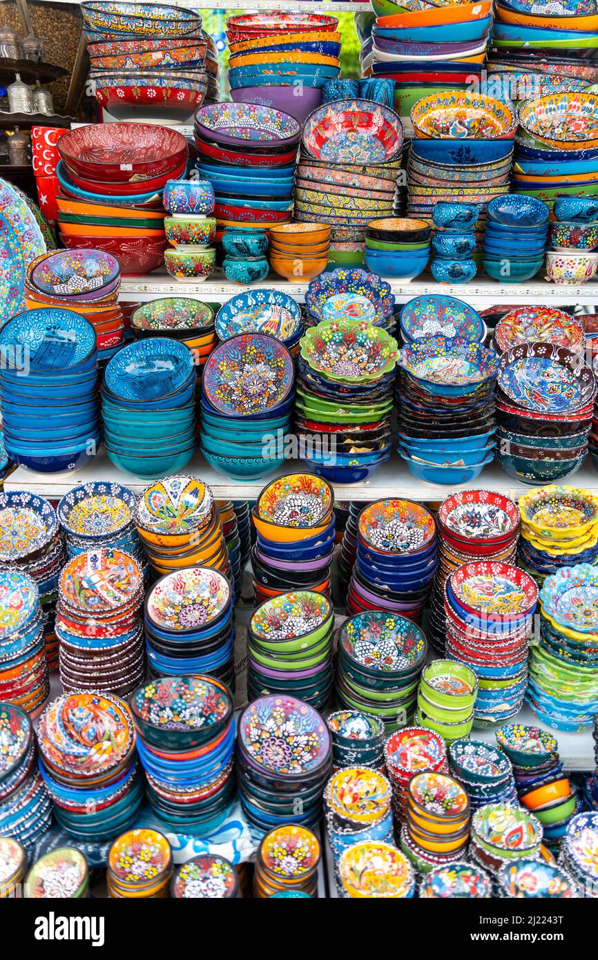 Turkish traditional design ceramic plates in the market Old Bazaar in ...